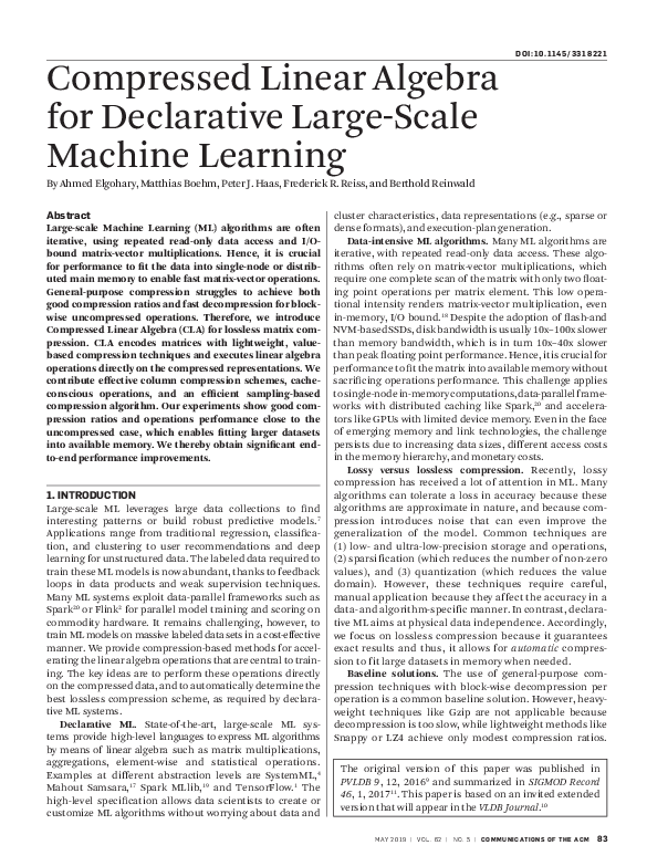 Pdf Compressed Linear Algebra For Declarative Large Scale Machine Learning