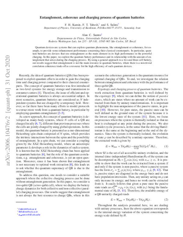 (PDF) Entanglement, coherence, and charging process of quantum batteries