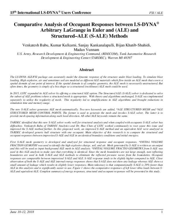 (PDF) Comparative Analysis of Occupant Responses between LS-DYNA ® Arbitrary LaGrange in Euler ...