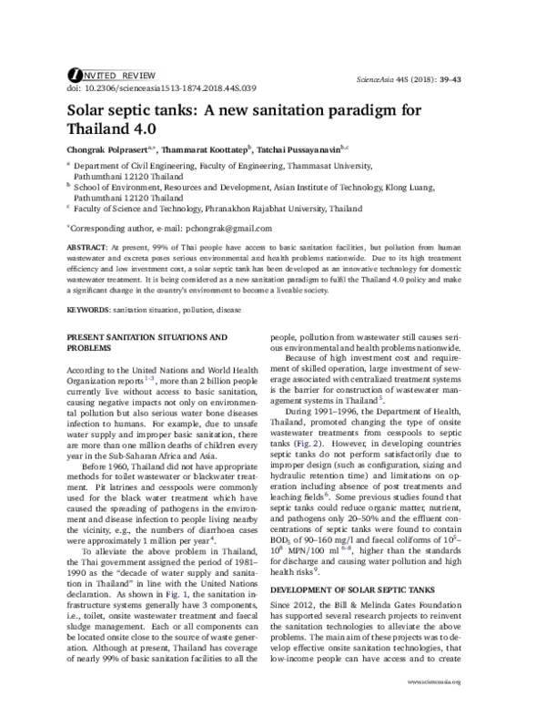 (PDF) Solar septic tanks: A new sanitation paradigm for Thailand 4.0