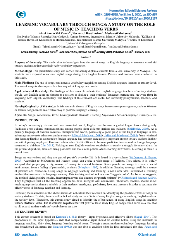 (PDF) Learning Vocabulary Through Songs: A Study on the Role of Music ...