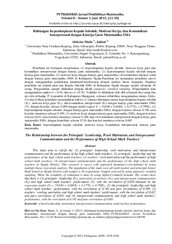 (PDF) Hubungan Kepemimpinan Kepala Sekolah, Motivasi Kerja, dan Komunikasi Interpersonal dengan ...