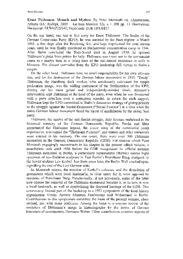 (PDF) Review of Peter Monteath, ed., Ernst Thälmann: Mensch und Mythos