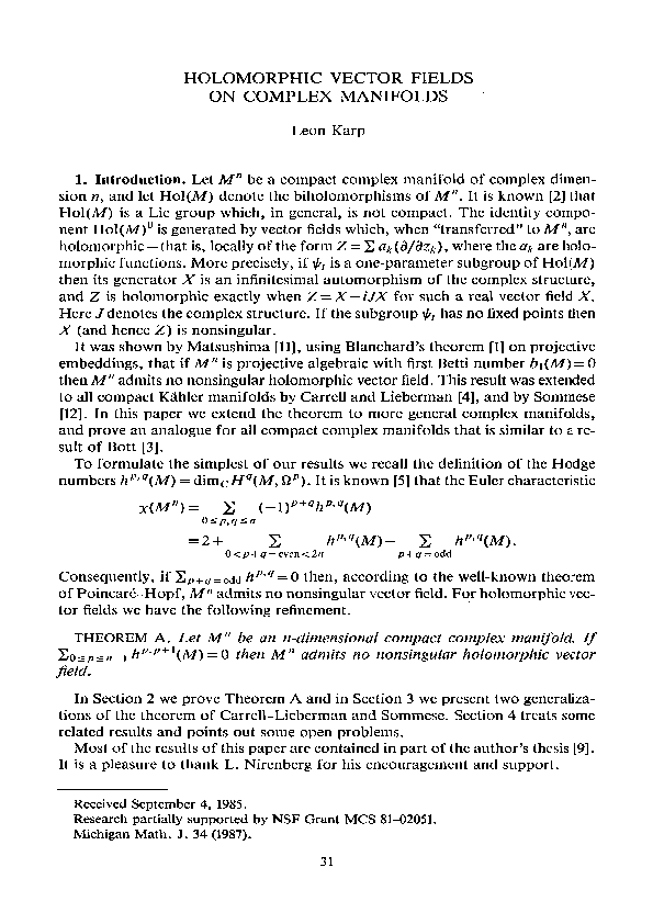 (PDF) Holomorphic vector fields on complex manifolds | L Karp - Academia.edu