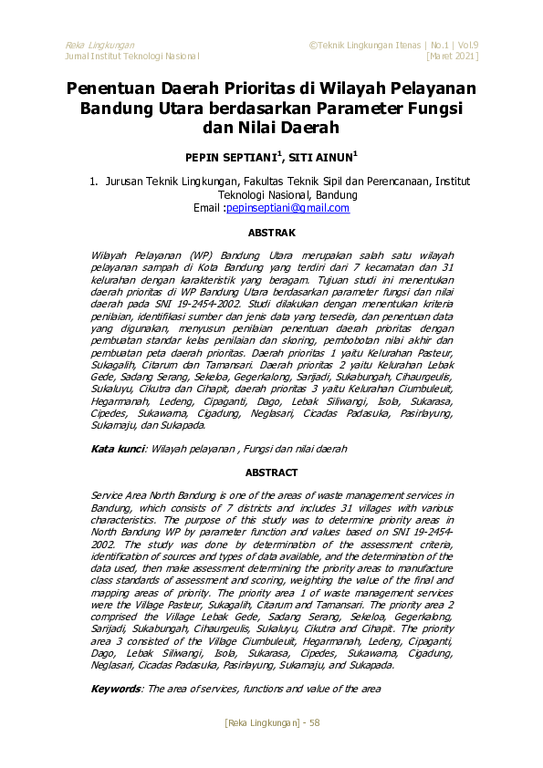(PDF) Penentuan Daerah Prioritas di Wilayah Pelayanan Bandung Utara Berdasarkan Parameter Fungsi ...