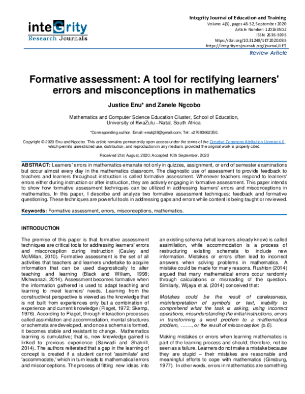 (PDF) Formative assessment: A tool for rectifying learners errors and misconceptions in mathematics