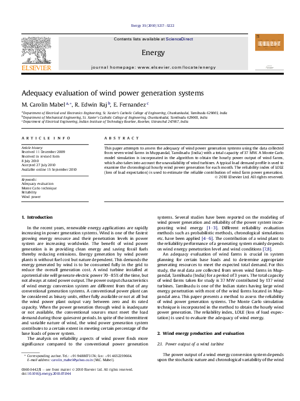 Pdf Adequacy Evaluation Of Wind Power Generation Systems