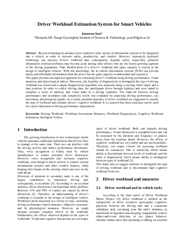 Pdf Driver Workload Estimation System For Smart Vehicles
