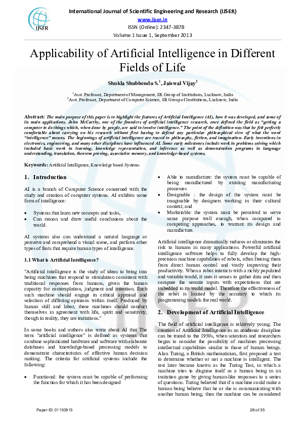 (PDF) Applicability of Artificial Intelligence in Different Fields of Life