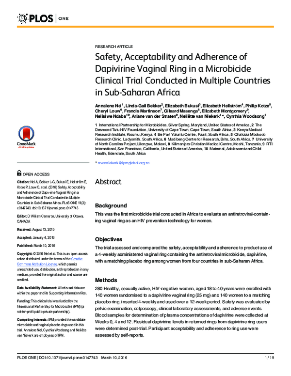 (PDF) Safety, Acceptability and Adherence of Dapivirine Vaginal Ring in ...