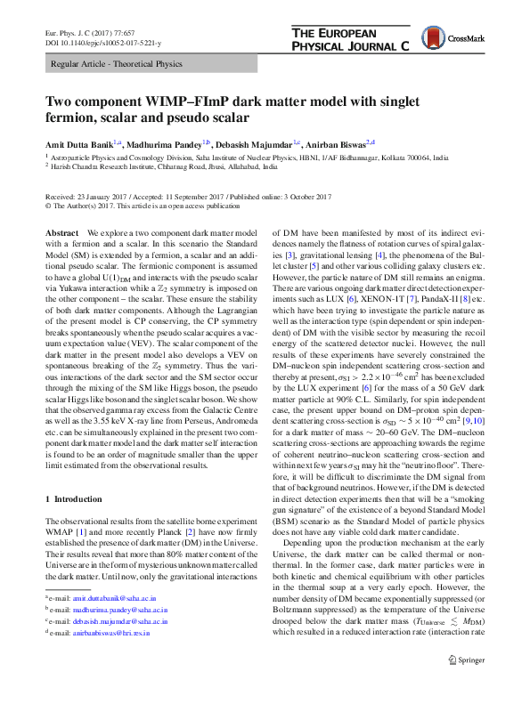 (PDF) Two component WIMP–FImP dark matter model with singlet fermion ...