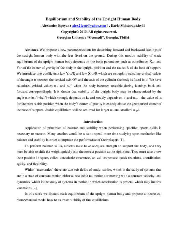 (PDF) Equilibrium and Stability of the Upright Human Body