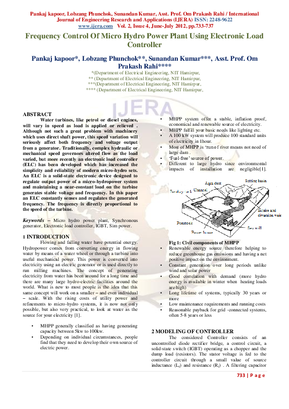 Pdf Frequency Control Of Micro Hydro Power Plant Using Electronic Load Controller