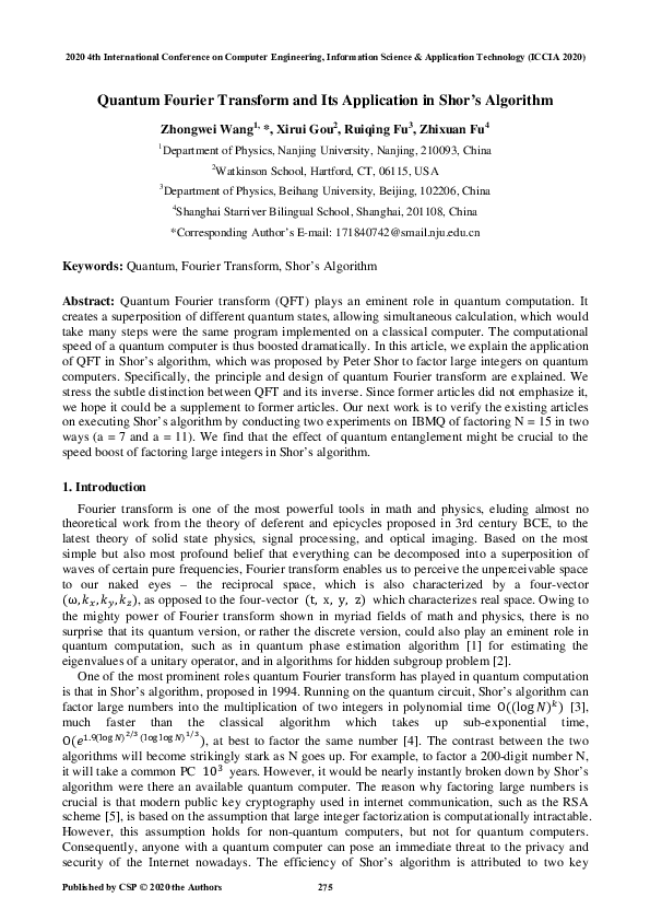 (PDF) Quantum Fourier Transform and its Applications