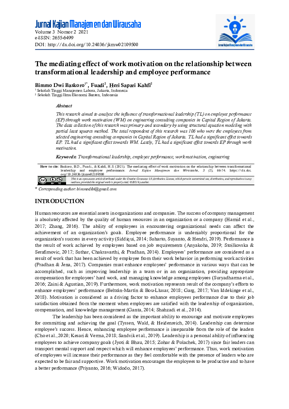 (PDF) The mediating effect of work motivation on the relationship between transformational ...