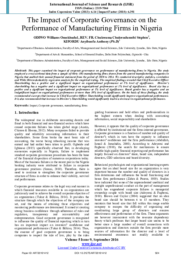 (PDF) The Impact of Corporate Governance on the Performance of Manufacturing Firms in Nigeria