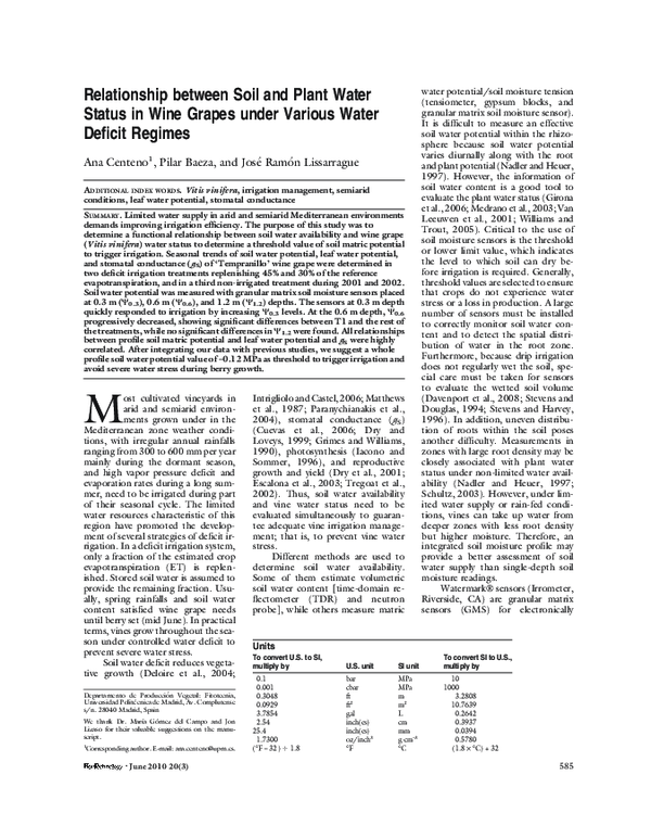 (PDF) Relationship between Soil and Plant Water Status in Wine