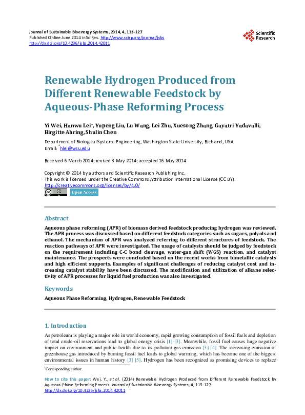 (PDF) Renewable Hydrogen Produced from Different Renewable Feedstock by ...