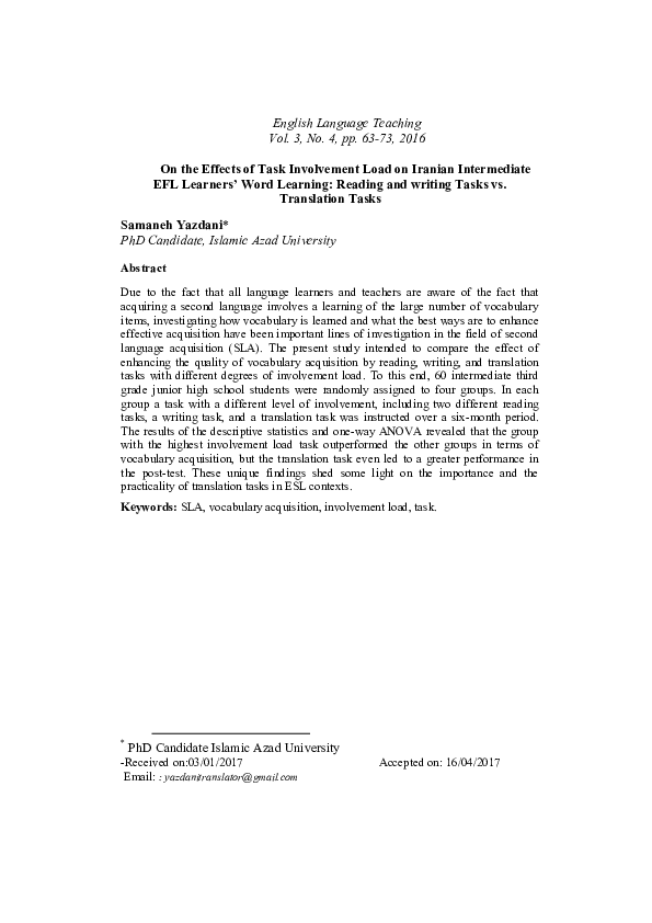 (PDF) On the Effects of Task Involvement Load on Iranian Intermediate ...