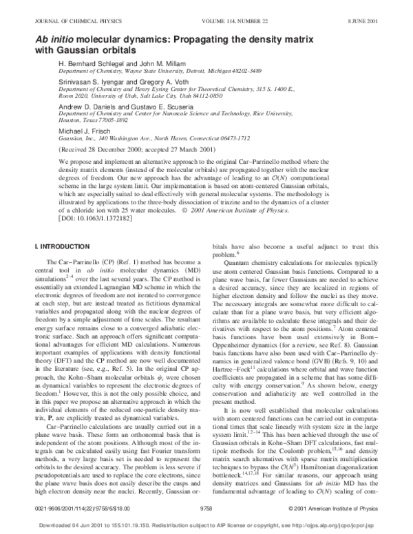 (PDF) Ab initio molecular dynamics: Propagating the density matrix with Gaussian orbitals. II ...