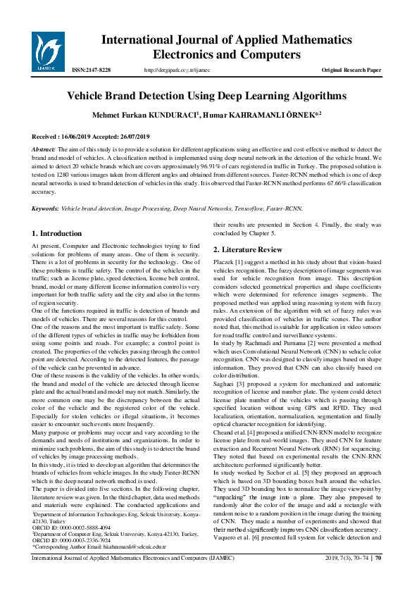 (PDF) Vehicle Brand Detection Using Deep Learning Algorithms
