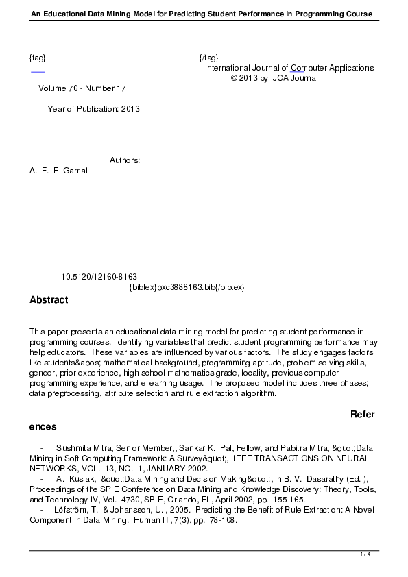 (PDF) An Educational Data Mining Model for Predicting Student Performance in Programming Course
