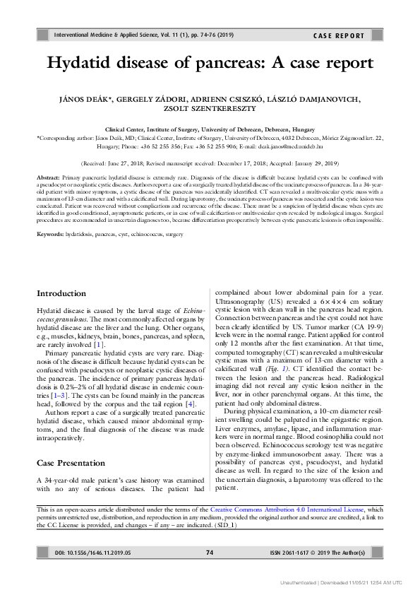 (PDF) Hydatid disease of pancreas: A case report