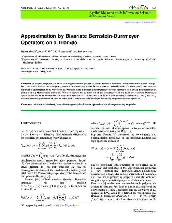 Pdf Approximation By Bivariate Bernstein Durrmeyer Operators On A