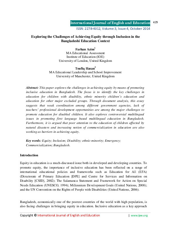 (PDF) Exploring the Challenges of Achieving Equity Through Inclusion in ...