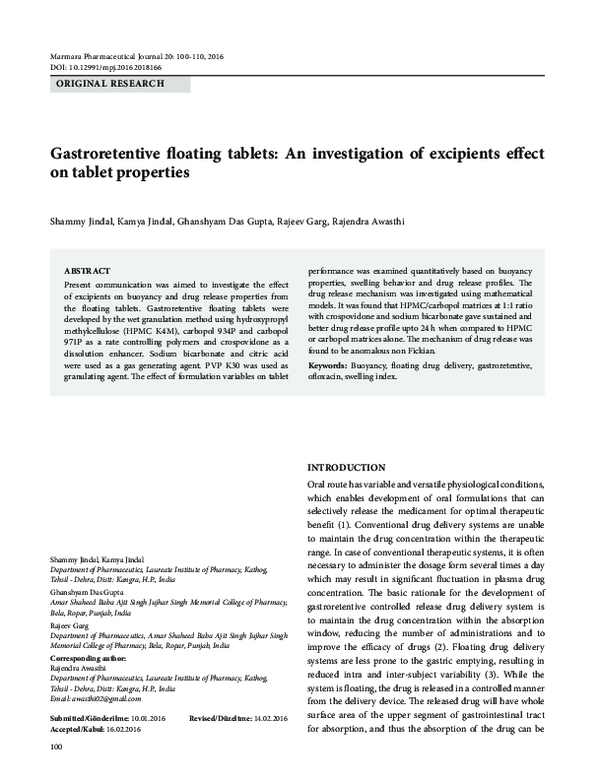 (PDF) Gastroretentive floating tablets: An investigation of excipients effect on tablet properties