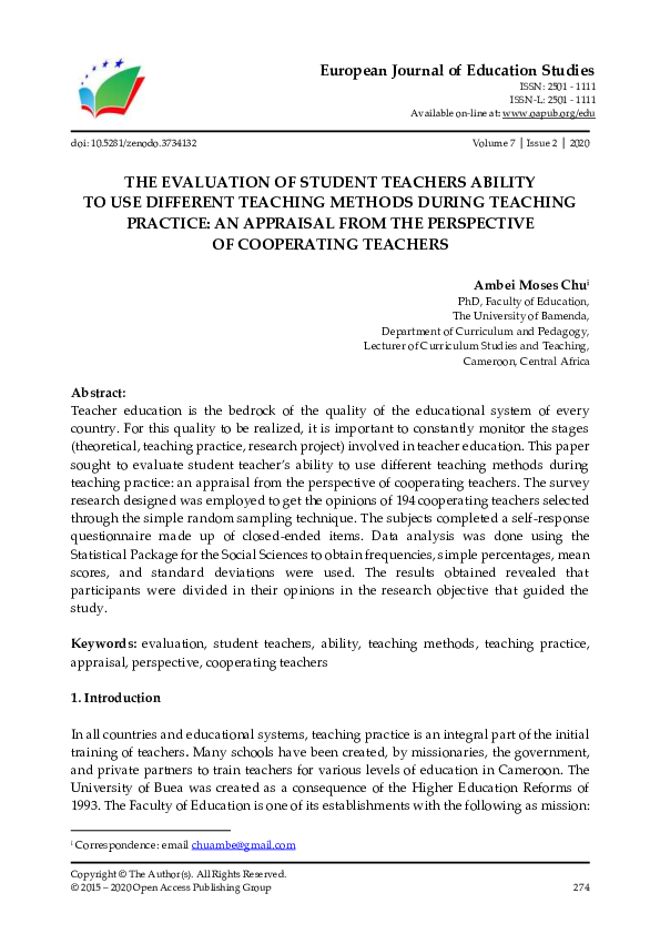 (PDF) The Evaluation of Student Teachers Ability to Use Different Teaching Methods During ...