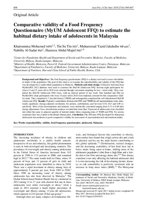 (PDF) Comparative validity of a Food Frequency Questionnaire (MyUM ...