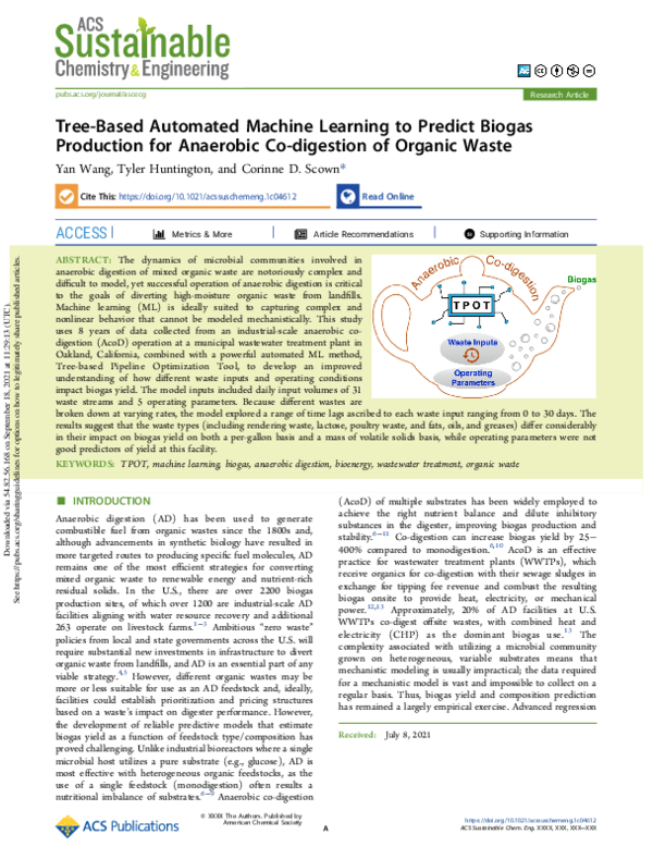 Pdf Tree Based Automated Machine Learning To Predict Biogas