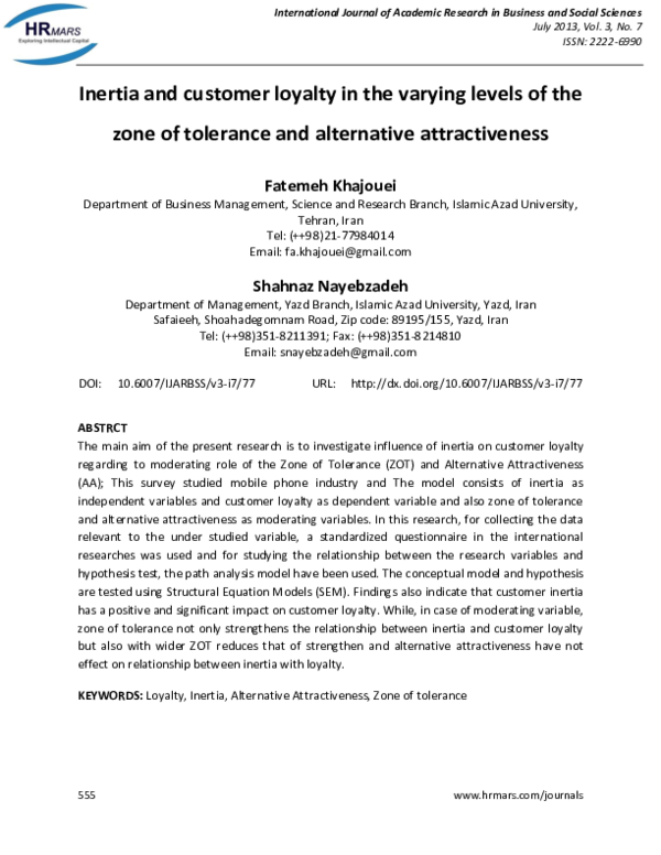 (PDF) Inertia and Customer Loyalty in the Varying Levels of the Zone of ...