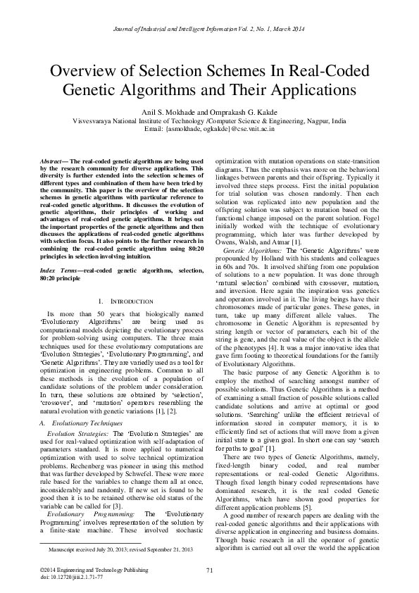 Pdf Overview Of Selection Schemes In Real Coded Genetic Algorithms And Their Applications