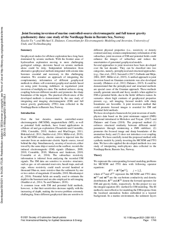 Pdf Joint Focusing Inversion Of Marine Controlled Source Electromagnetic And Full Tensor