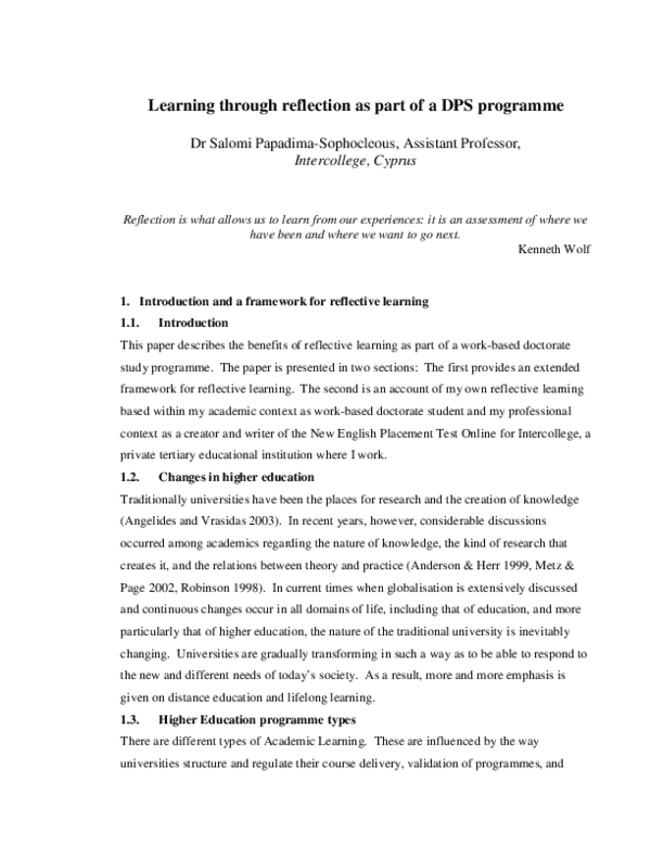 (PDF) Learning through reflection as part of a DPS programme
