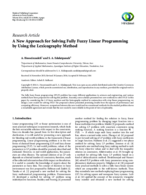 (PDF) A New Approach for Solving Fully Fuzzy Linear Programming by Using the Lexicography Method