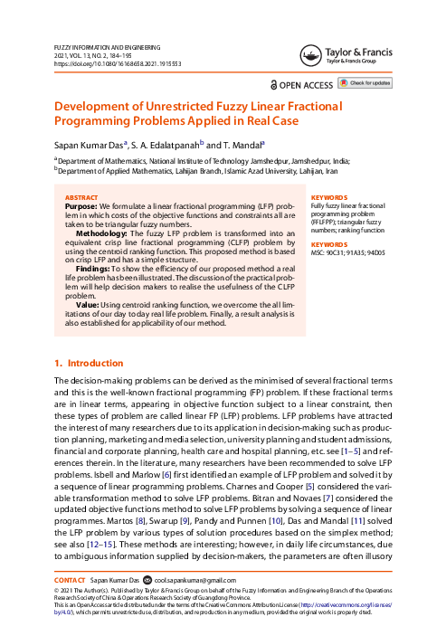 Pdf Development Of Unrestricted Fuzzy Linear Fractional Programming Problems Applied In Real Case
