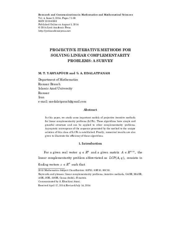 Pdf Projective Iterative Methods For Solving Linear Complementarity