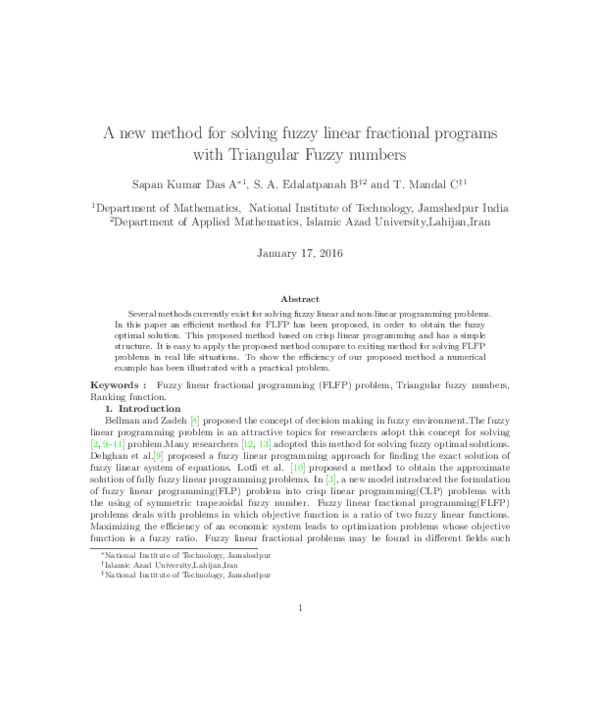 Pdf A New Method For Solving Fuzzy Linear Fractional Programs With Triangular Fuzzy Numbers