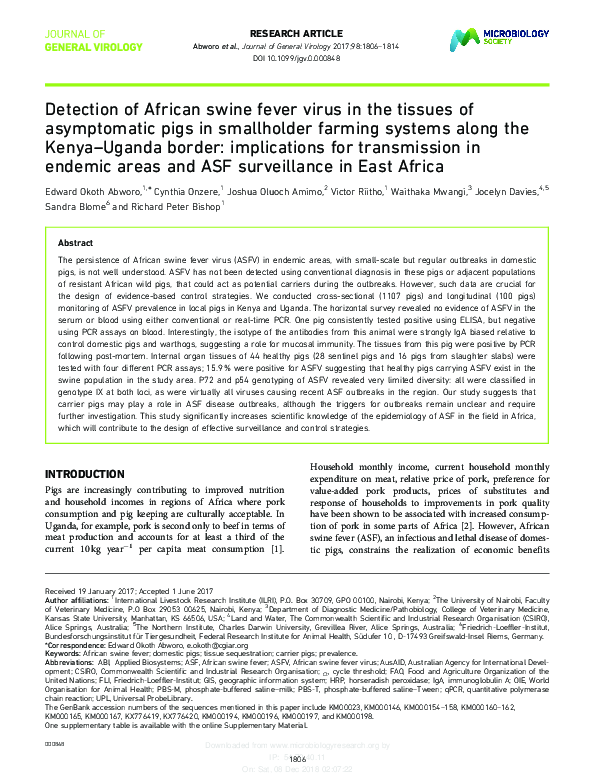 (PDF) Detection of African swine fever virus in the tissues of ...