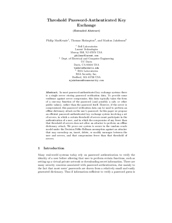 (PDF) Threshold password-authenticated key exchange