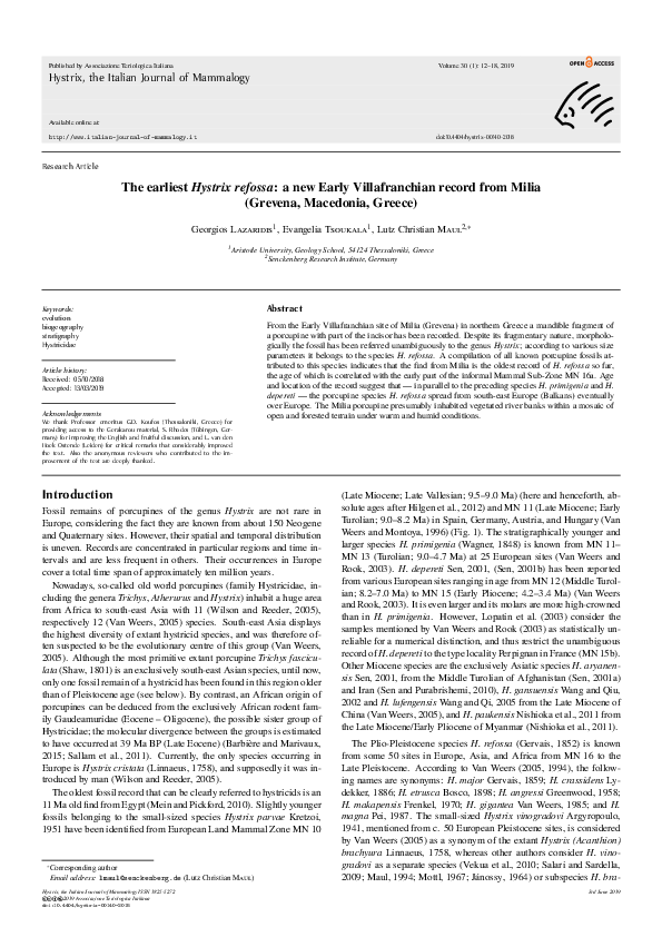 (PDF) The earliest Hystrix refossa : a new Early Villafranchian record ...