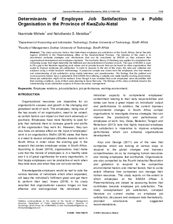 (PDF) Determinants of Employee Job Satisfaction in a Public ...