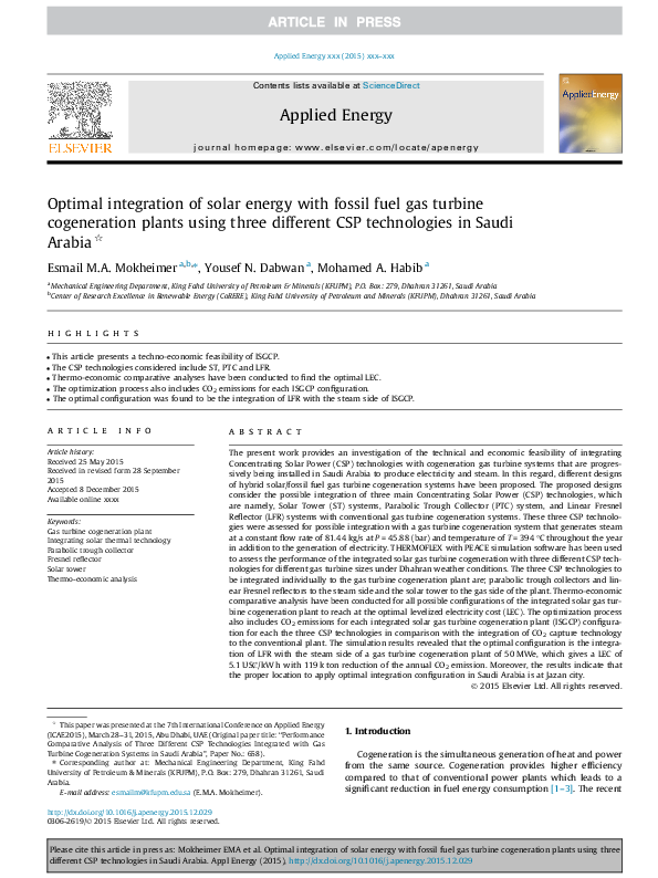 (PDF) Optimal integration of solar energy with fossil fuel gas turbine ...