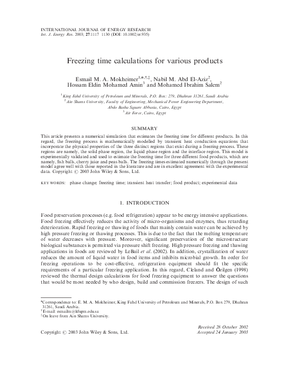 (PDF) Freezing time calculations for various products