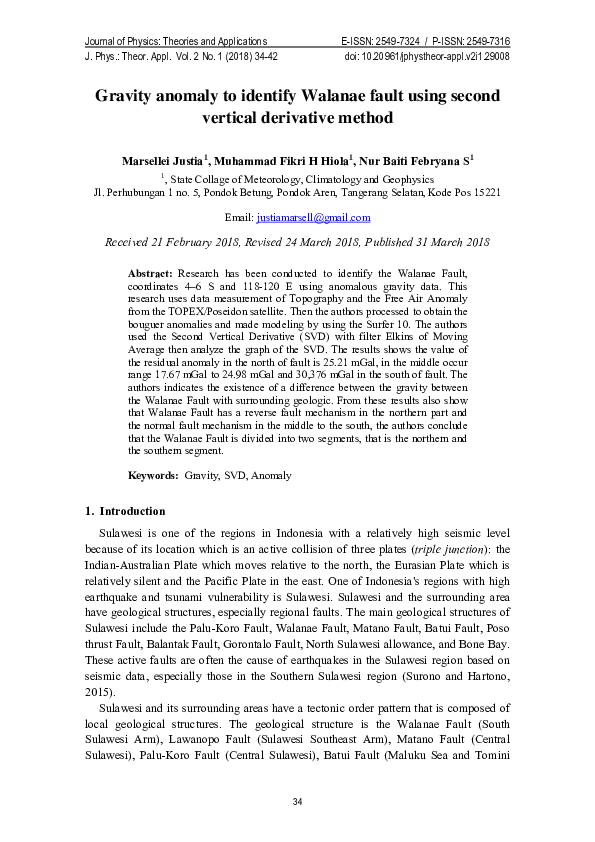(PDF) Gravity anomaly to identify Walanae fault using second vertical derivative method
