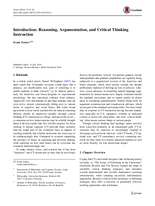(PDF) Introduction: Reasoning, Argumentation, and Critical Thinking Instruction
