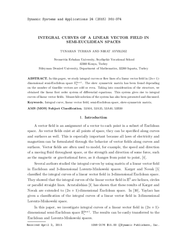 (PDF) Dynamic Systems and Applications 24 ( 2015 ) 361-374 INTEGRAL CURVES OF A LINEAR VECTOR ...